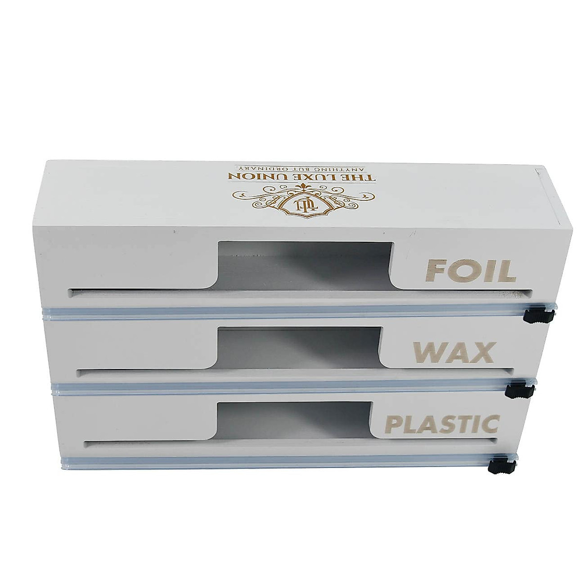 The Luxe Union 3-in-1 Wax, Foil, and Plastic Wrap Dispenser with Cutters, Drawer and Countertop Organizer for Cling, Film, and Parchment Paper, Pre-Labeled Organization, Bamboo Holder