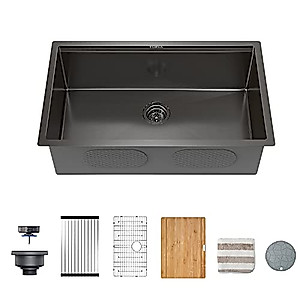 TORVA 32-Inch Gloss Black Workstation Undermount Single Bowl Kitchen Sink, 16 Gauge Stainless Steel with PVD Coated Gunmetal Sink, NanoTek Sink with Bamboo Cutting Board and Drain Tray(Dark Gray)