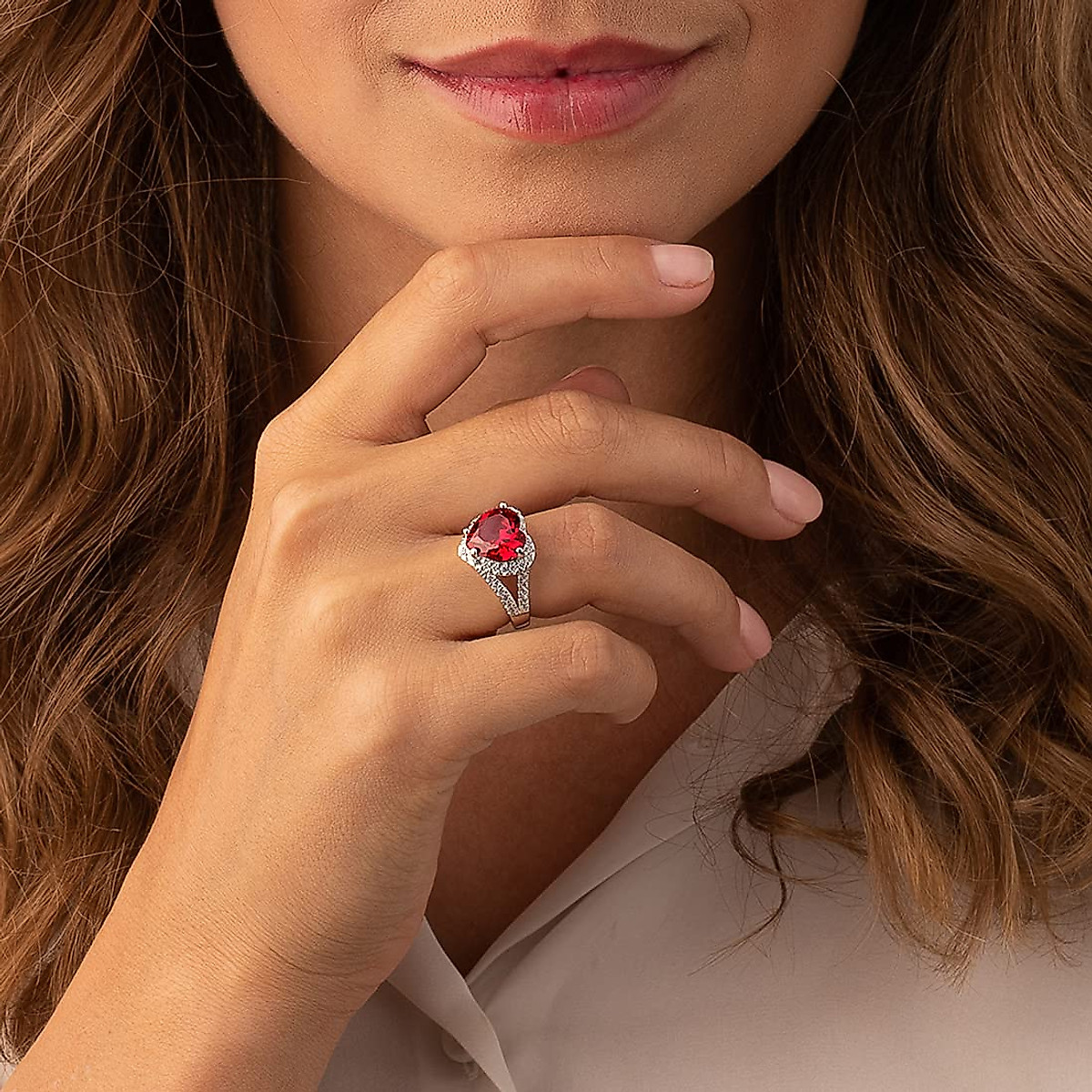 PEORA Created Ruby Signature Heart Ring for Women 925 Sterling Silver, Large 6.25 Carats Heart Shape 11mm, Size 9