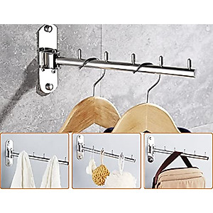 Clothes Hanger Rack Swing Arm, Folding Clothes Hanger Wall Mounted Space Saving Drying Rack, Stainless Steel 304 Laundry Room Valet Hook Holder, Foldable Hanging Hook Rod (Silver)