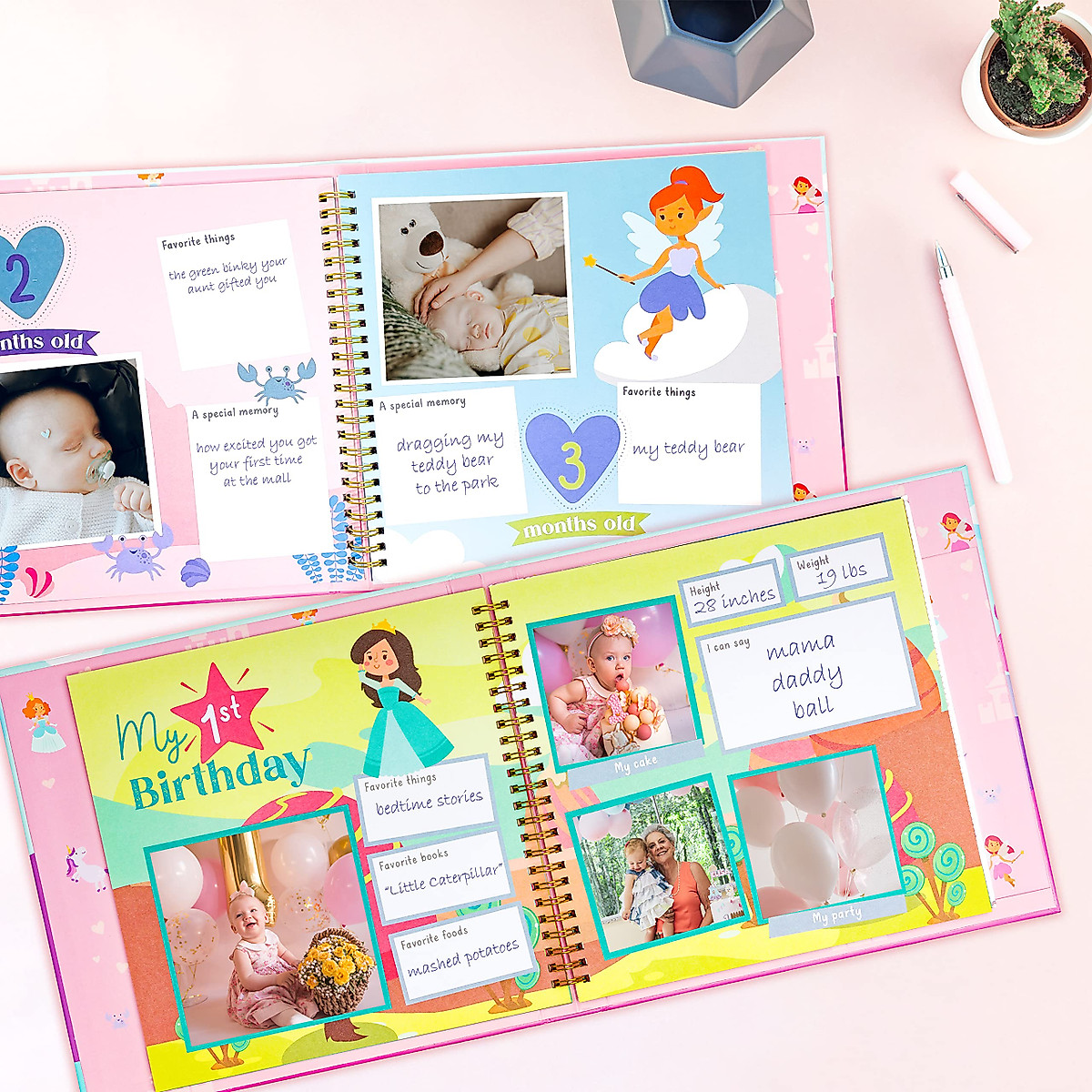RubyRoo Baby Memory Book with Matching Milestone Stickers - First 5 Years Photo Album Scrapbook Journal for Baby Girl - Pregnancy Gift for Baby Shower & Registry Idea - Fairyland