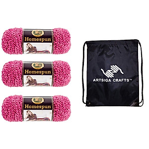 Lion Brand Knitting Yarn Homespun Peony 3-Skein Factory Pack (Same Dye Lot) 790-442 with Knitting Project Bag