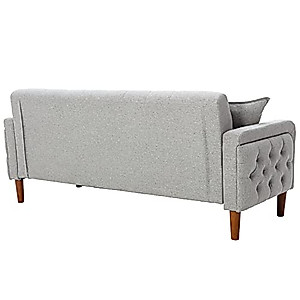 Aoowow Linen Fabric Sofas and Couches 78 Inches Long, Mid Century Modern Couch Tufted Back Sofa with 2 Throw Pillows, Armrest and Wooden Legs for Living Room, Apartment, Bedroom (Grey)