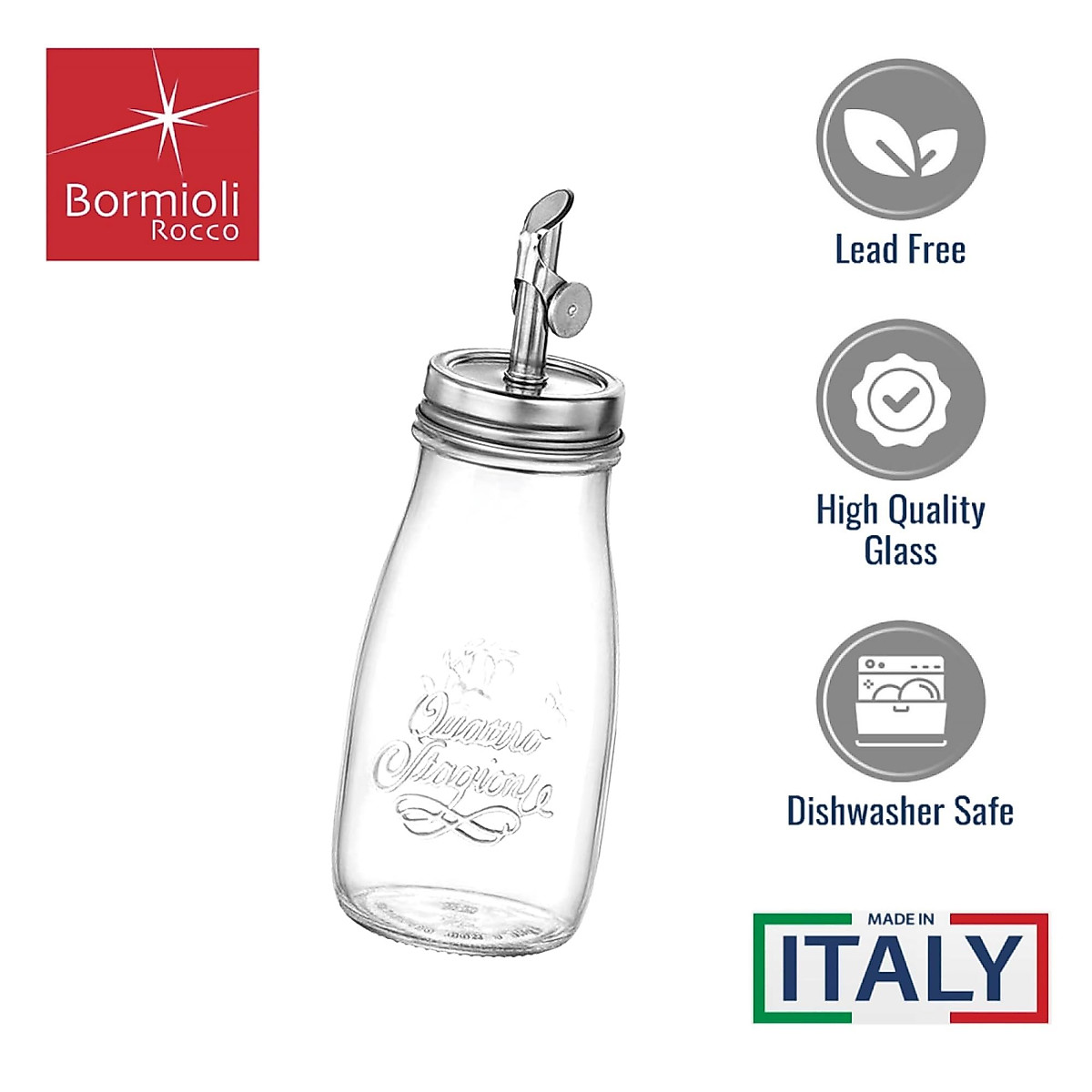 Bormioli Rocco Quattro Stagioni, 2 Pack, 13.5 Oz Olive Oil Dispensers With Weighted Pourer, Durable Glass, Made In Italy.