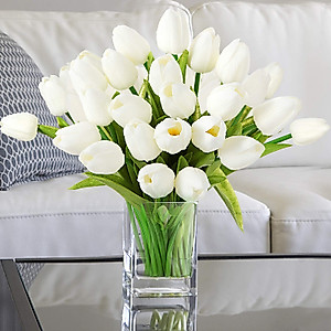 EZFLOWERY 10 Heads Artificial Tulips Flowers Real Touch Arrangement Bouquet for Home Room Office Party Wedding Decoration, Excellent Gift Idea for Mothers Day (10, White)