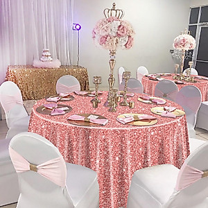 3 Pack Pink Rose Gold Tablecloths for Round Table, 84x84'' Rose Gold Sequin Printed Plastic Round Table Cover, Rose Gold Glitter Party Decorations for Girls Birthday Wedding Graduation Princess Party
