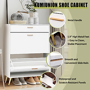 KUMIUNION Shoe Storage Cabinet with 2 Flip Drawers&1 Drawer, Slim Freestanding Storage Racks for Entryway, Hallway, Hidden Narrow Shoe Organizers Perfect for Heels, Boots, Slippers, White
