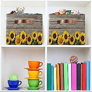 STAYTOP Large Storage Basket Autumn Sunflowers On Wooden Board Collapsible Toy Storage Bins Waterproof Laundry Basket with Handle,Used for Home Closets, Offices, Bedrooms 1PCS