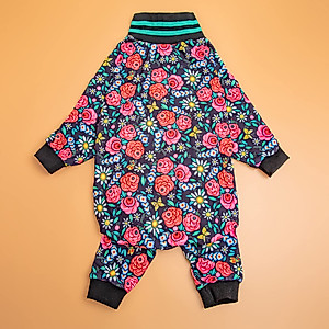 LovinPet Big Dog Pajamas, Base Layer Dog Pjs Under Dog Sweater, UV & Post Operative Protection High Collar Dog Jumpsuit, Stretchable Plenty Roses Black Prints Large Dog Jammies XL
