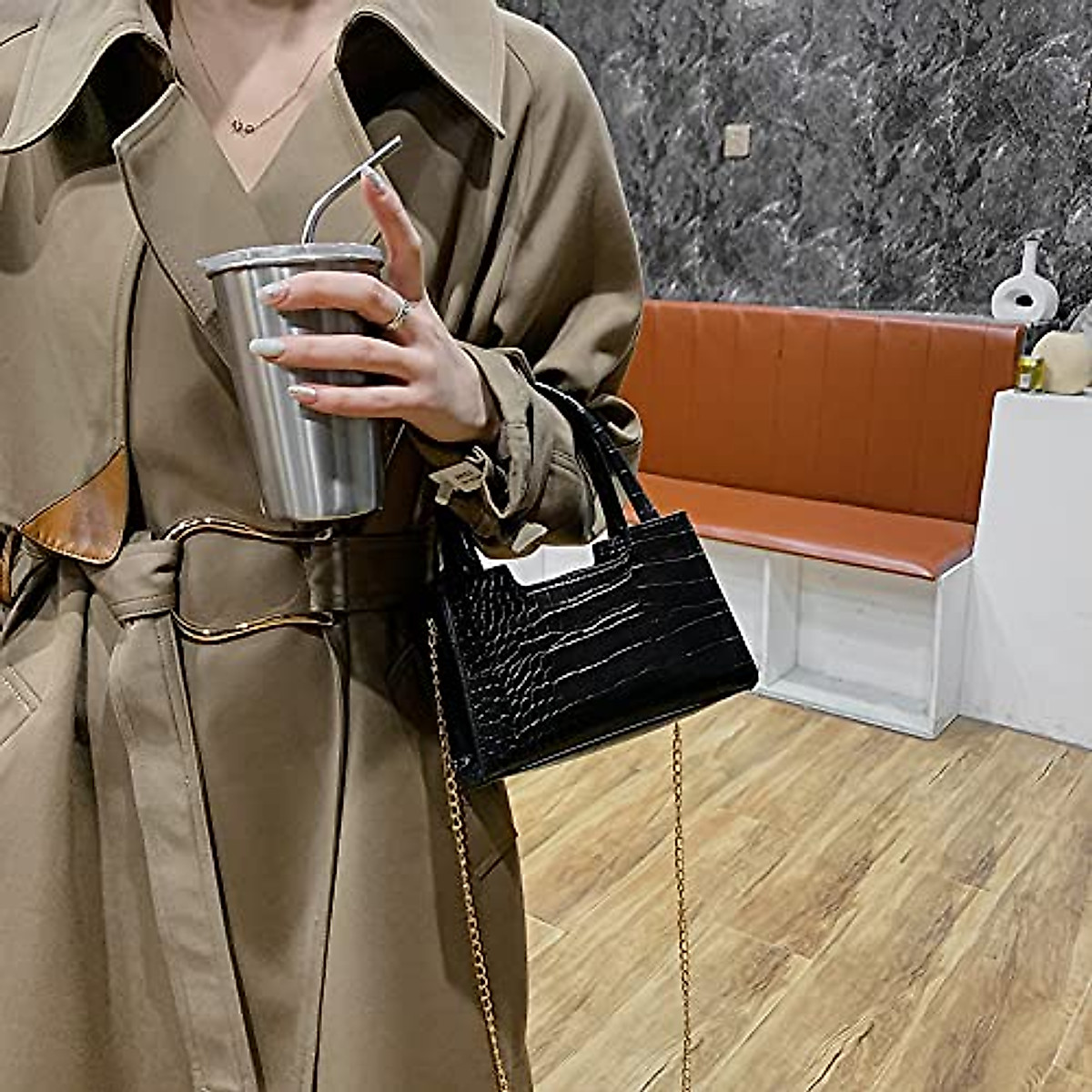 Retro Shoulder Handbag Alligator PU Solid Crossbody Bag for Lady Top-handle Tote, Black, 21 x 18 x 5cm