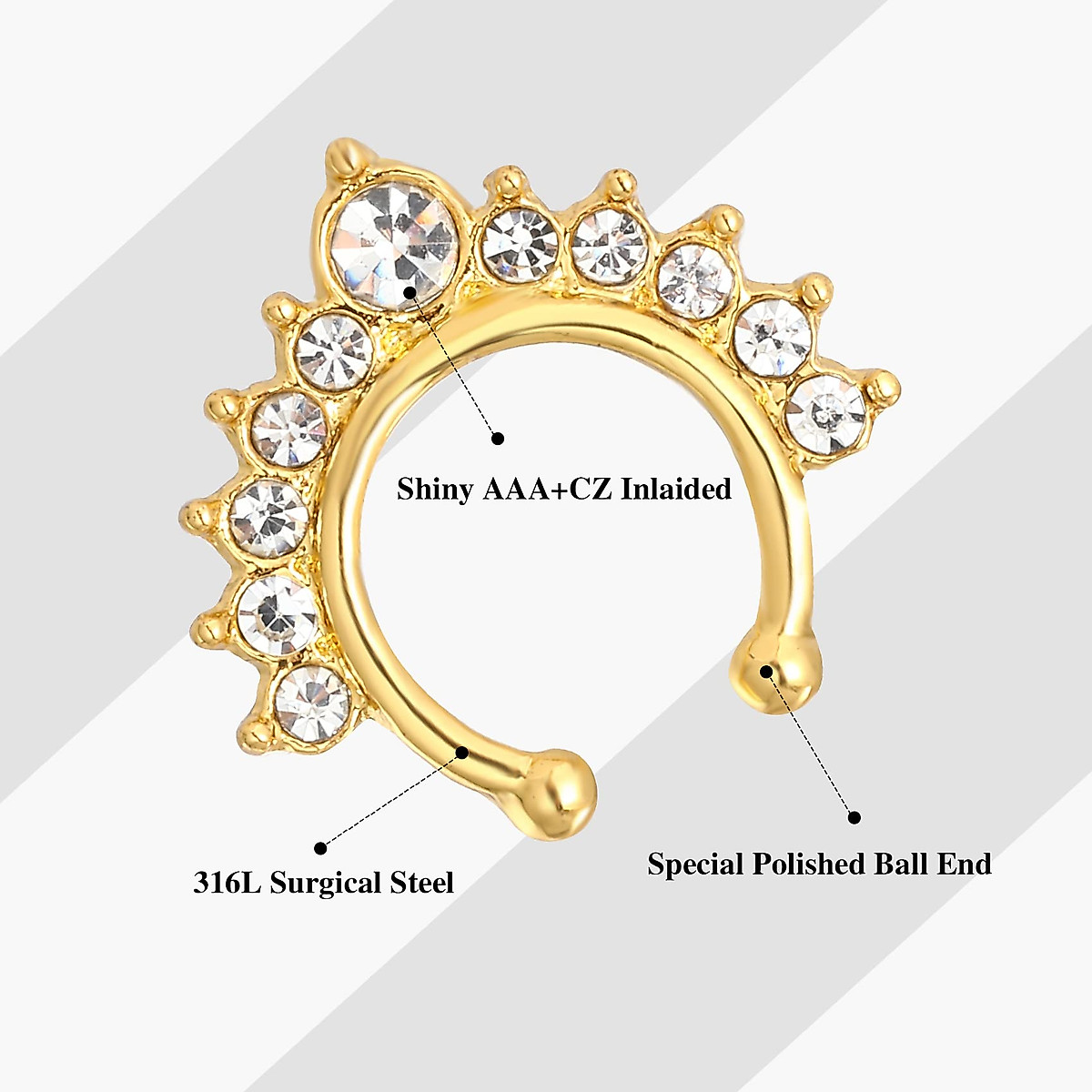 Viallct 9Pcs Fake Nose Rings Stainless Steel Fake Nose Ring Hoop Inlaid CZ Non Piercing Clip On Nose Hoop Septum Ring Faux Piercing Jewelry for Women Men