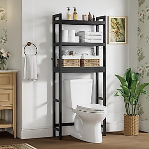Smiry Over The Toilet Storage, Bamboo 3-Tier Over Toilet Bathroom Organizer with Adjustable Shelf, Fit Most Toilets, Space Saving, Stable Freestanding Storage Cabinet with 4 Hooks, Black