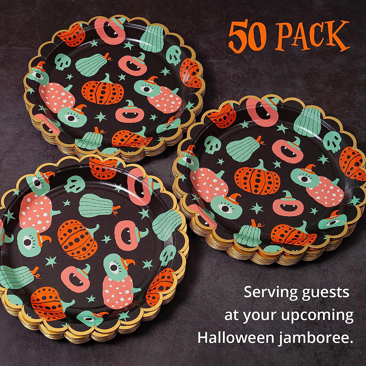 Confettiville Halloween Paper Plates, 50-Count Disposable Halloween Dinner Plates, Scalloped, Party Supplies, Funky Pumpkins, Black