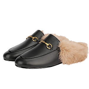 Fur Mules for Women Leather Low Heel Loafers Pointed Toe Rabbit Furny Mule Flats Backless Slides