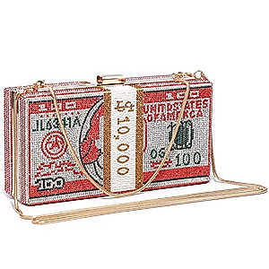 Money Clutch Purses for Women, Stack of Cash Dollars Crystal Clutch Purses (Red)