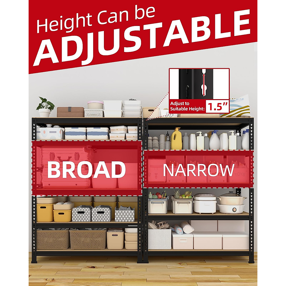 PrimeZone 32" W x 16" D x 63" H Storage Shelves - 5 Tier Adjustable Garage Storage Shelving, Heavy Duty Metal Storage Utility Rack Shelf Unit for Warehouse Pantry Closet Kitchen, Black