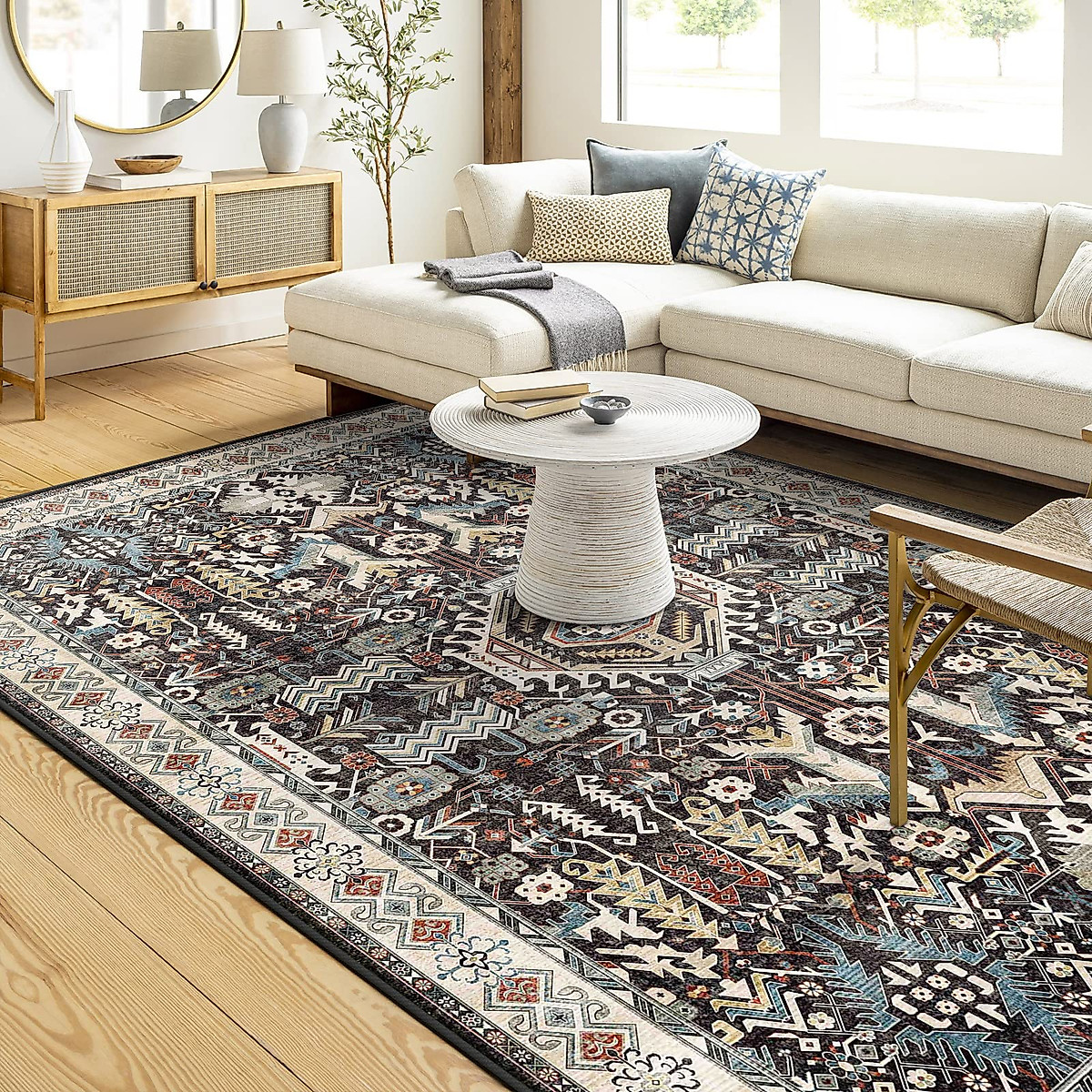 Washable Living Room Area Rug - 8x10 Large Bedroom Rug Distressed Oriental Non-Slip Non-Shedding Print Floor Carpet for Dining Room Kitchen (Black, 8 x 10)