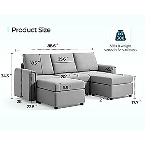 LINSY HOME Modular Sofa, Sectional Couch L Shaped Sofa with Storage, Modular Sectionals with Storage Space and Ottomans, Modern Small Sofa with Chaise for Living Room, Gray
