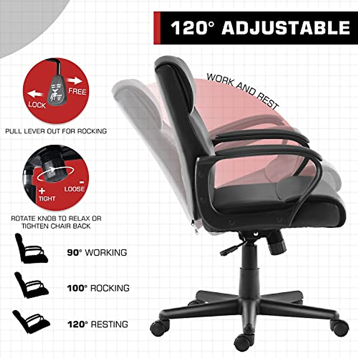 HOMEFLA Home Office Chair Mid-Back Office Computer Desk Chair with Armrest Adjustable Height/Tilt Swivel Rolling Chair