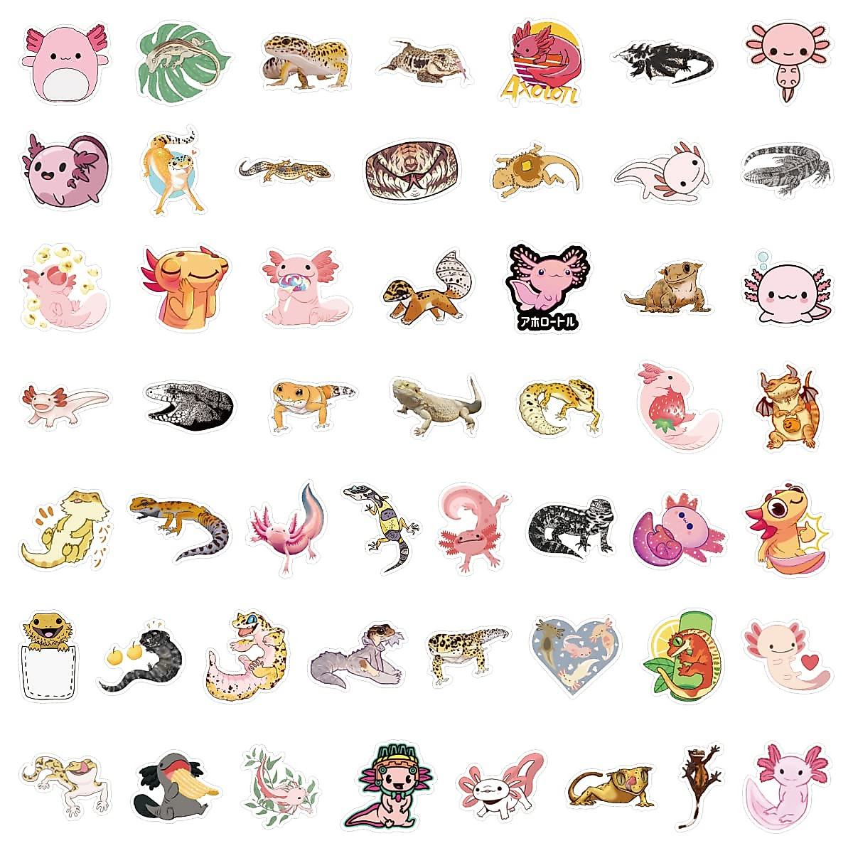 Cute Reptiles Stickers, 52Pcs Vinyl Waterproof Axolotl Stickers, Gifts for Kids, Women,Teens Classmate Colleagues,Adults