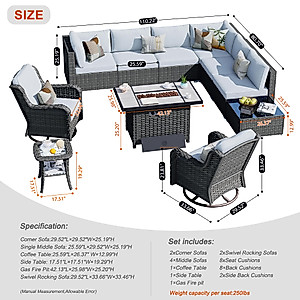 HOOOWOOO Patio Outdoor Sectional Furniture Sofa Set with Fire Pit Table,11 Piece L Shaped Wicker Couch Set with Swivel Chairs,Modern 8 Persons Summer Patio Conversation Set(Grey Gray)