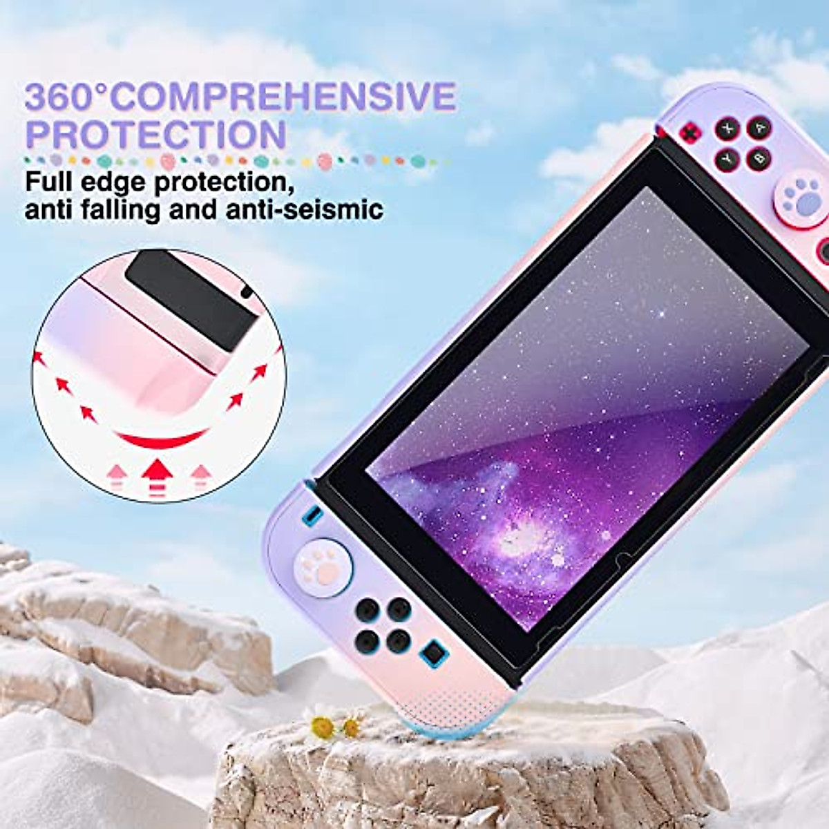 DLseego Pink and Purple Switch Case Set Gradient Carrying Case with 10 Slots Cute Protective Dockable Hard Shell with 4PCS Glitter Cat Paw Thumb Grips Caps and 1PC Flower Blossom Chain For Switch 2017