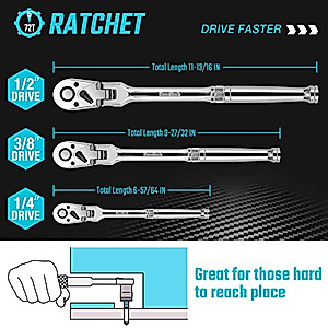 DURATECH 3-Piece Flex-Head Ratchet Set, 1/4", 3/8", 1/2" Drive ratchet, 72-Tooth with Quick-Release Reversible Design, Chrome Alloy Made, Fully Polished, Organized in Storage Case