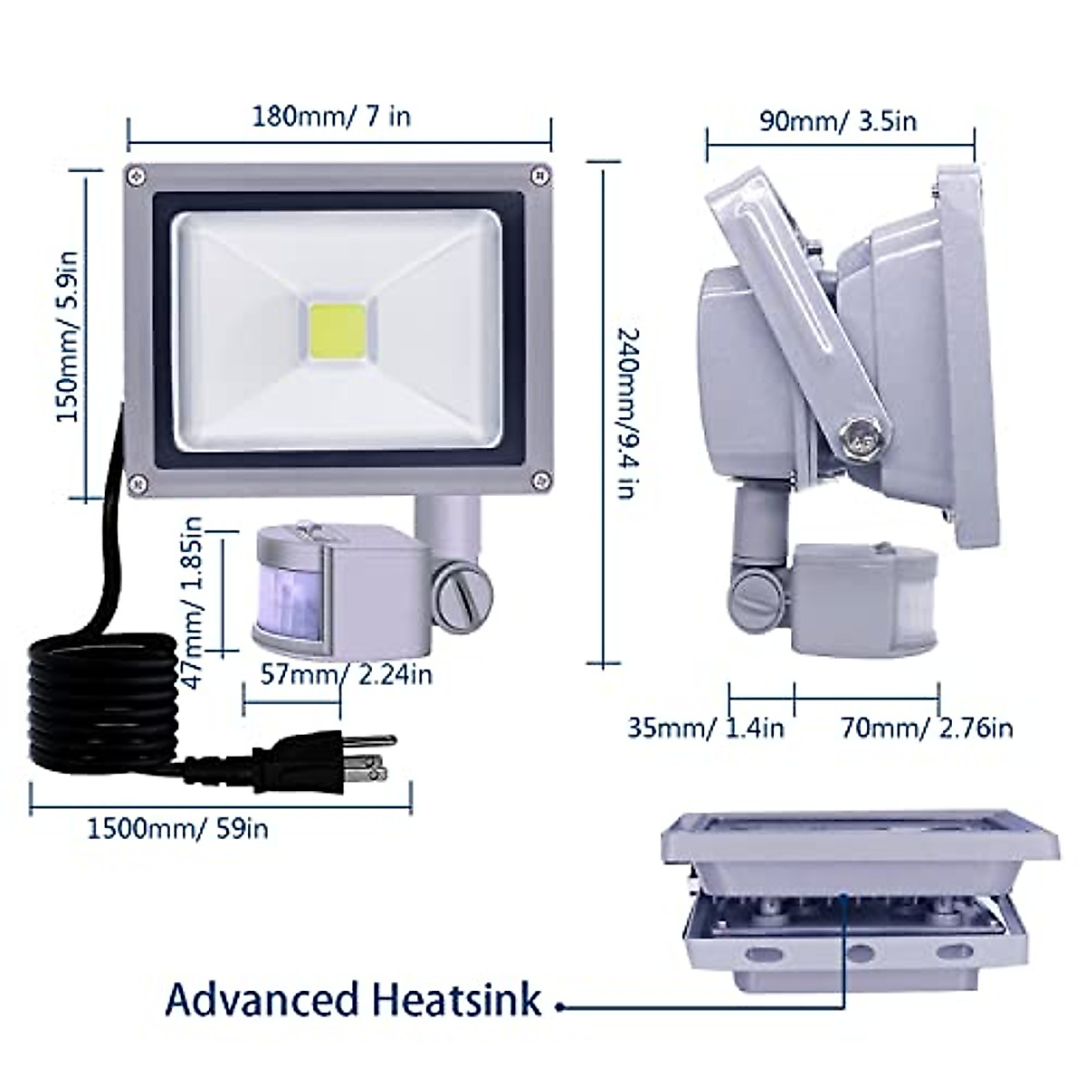 HANNAHONG 20W LED Motion Sensor Flood Light Plug in,PIR Induction Lamp,Dusk to Dawn Outdoor Auto ON/Off Spot,Security,Work Light,6500K Daylight,IP66 Waterproof,for Garage Yard Patio Porch Lighting