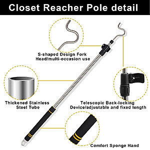 Clothes Hanger Reaching Hook, Attic Pull Down Hook Extendable 36-66inch Sponge Handle Hard to Break Apply to Closet Poles for Hanging Clothes Closet Extender Hanging Rod Clothesline Pole.