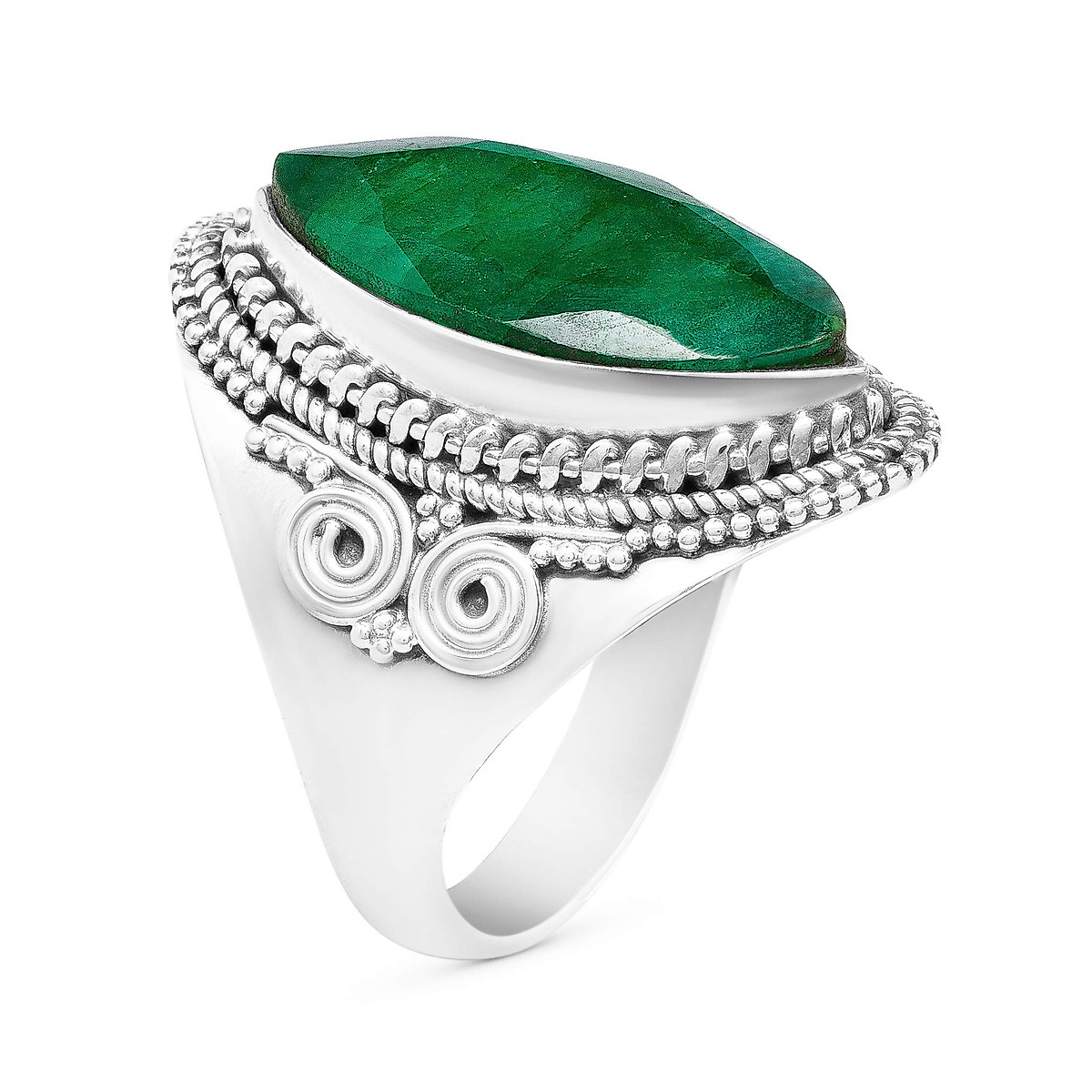 Koral Jewelry Marquise Created Emerald Vintage Gipsy Ring 925 Sterling Silver spiral side tribal Boho Chic (9)