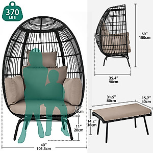 YITAHOME Wicker Egg Chair with Ottoman Outdoor Indoor Oversized Lounger with Stand, Cushions, Egg Basket Chair for Patio Backyard Porch - Brown & Black