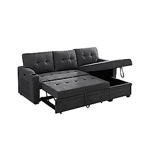 Lilola Home Mabel Dark Gray Woven Fabric Sleeper Sectional with cupholder, USB Charging Port and Pocket