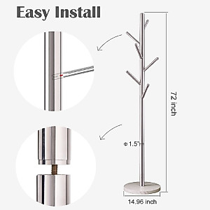 Jolitac Metal Coat Rack Stand Satin Steel Finish Stable Marble Base, High-Grade with Hooks Metal Tree Hat & Coat Hanger Floor Free Standing Wall Bedroom Easy Assembly (Satin Steel)