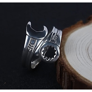 HUKQBUNX 925 Sterling Silver Original Design Wrench Ring Personalized Men's Silver Ring Men's Fashion Domineering Party Unique Design Open Ring