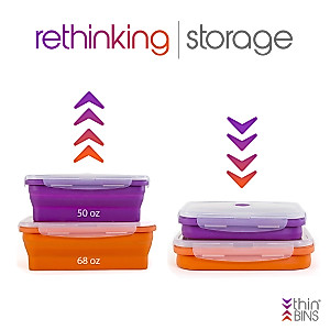 Kitchen + Home Thin Bins Collapsible Containers – Set of 2 Extra Large Rectangle Silicone Food Storage Containers – BPA Free, Microwave, Dishwasher and Freezer Safe