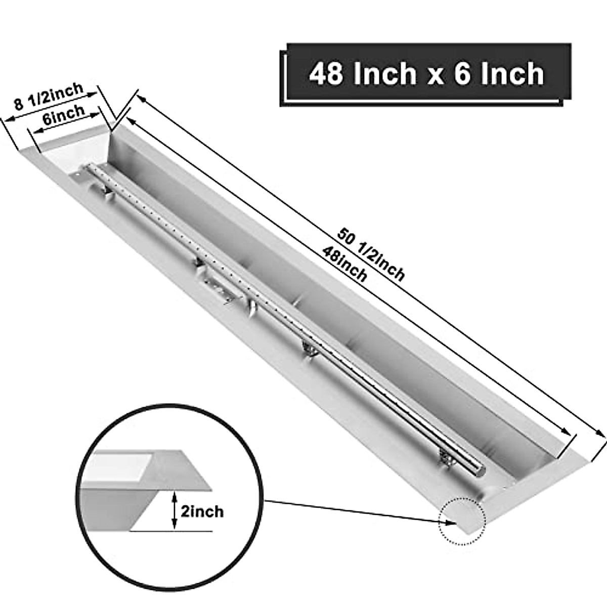 GASPRO 48 x 6 Inch Drop-in Fire Pit Pan and Burner, Natural Gas & Propane Fire Pit Insert with Linear Burner, Heavy Duty 304 Stainless Steel, Mounting Plates Included