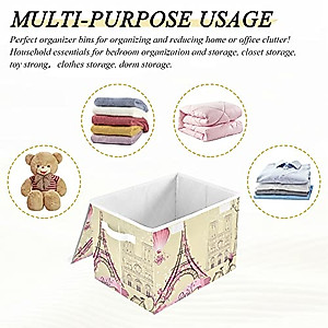WELLDAY Pink Romantic Paris Storage Baskets Foldable Cube Storage Bin with Lids and Handle, 16.5x12.6x11.8 In Storage Boxes for Toys, Shelves, Closet, Bedroom, Nursery