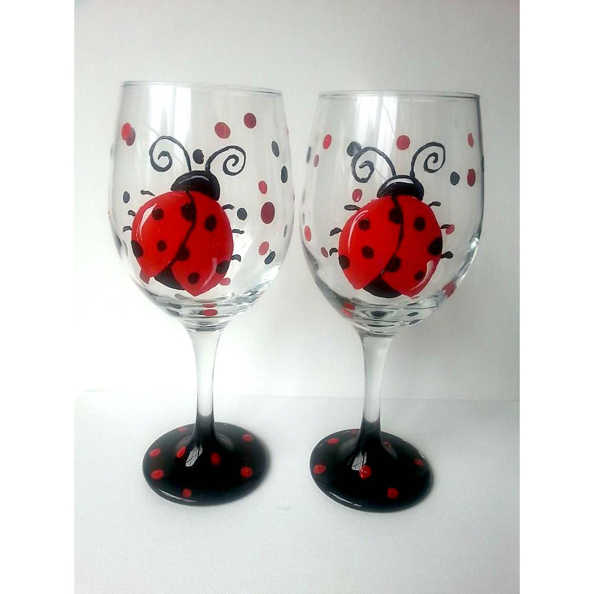 Ladybug Hand Painted Stemmed Wine Glasses Set of 2