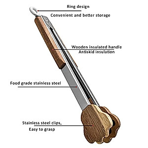 COMUSTER Acacia wood food clamp is cute cat claw type, with hanging hole design, wooden heat insulation handle, stainless steel clamp, which are easy to grip handle various delicacies