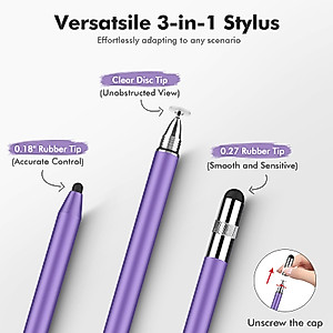 MEKO 3 in 1 Stylus Pens for Touch Screens, High Sensitivity & Precision Capacitive Stylus Pencil for Apple iPad iPhone Tablets Samsung Galaxy All Universal Touchscreen Devices (2 Pack-Silver/Purple)