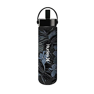 Hurley Insulated Water Bottle - 20 Oz Stainless Steel Water Bottle, Travel Water Bottle for Sports & Outdoor Activities - Insulated Bottle for Cold & Hot Drinks, Flip Open Straw Lid, Aloha Black