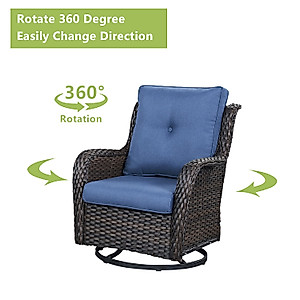 Patio Chairs Rocking Swivel Chair - 2 Piece Wicker Rocker Chairs Set with High Back and Deep Seating for Outdoor Outside Deck Porch Garden(Brown Wicker/Blue Cushion)