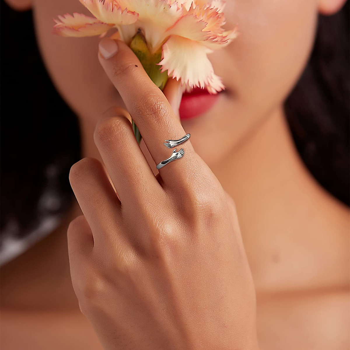 VOROCO 925 Sterling Silver Rings for Women Teen Hug Hand Ring Adjustable Jewelry Gifts for Daughters Mom Sister Wife Friends Grandma