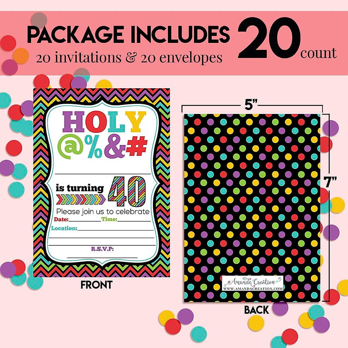 HOLY @% 40th Birthday Party Invitations, 20 Funny 5x7 Fill In Cards with Twenty White Envelopes for Milestone Birthdays by AmandaCreation