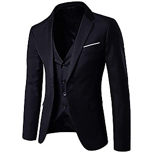 Mens Notch Lapel Modern Fit Suit Blazer Jacket Tux Vest and Trousers Set Three-Piece,Black,Large