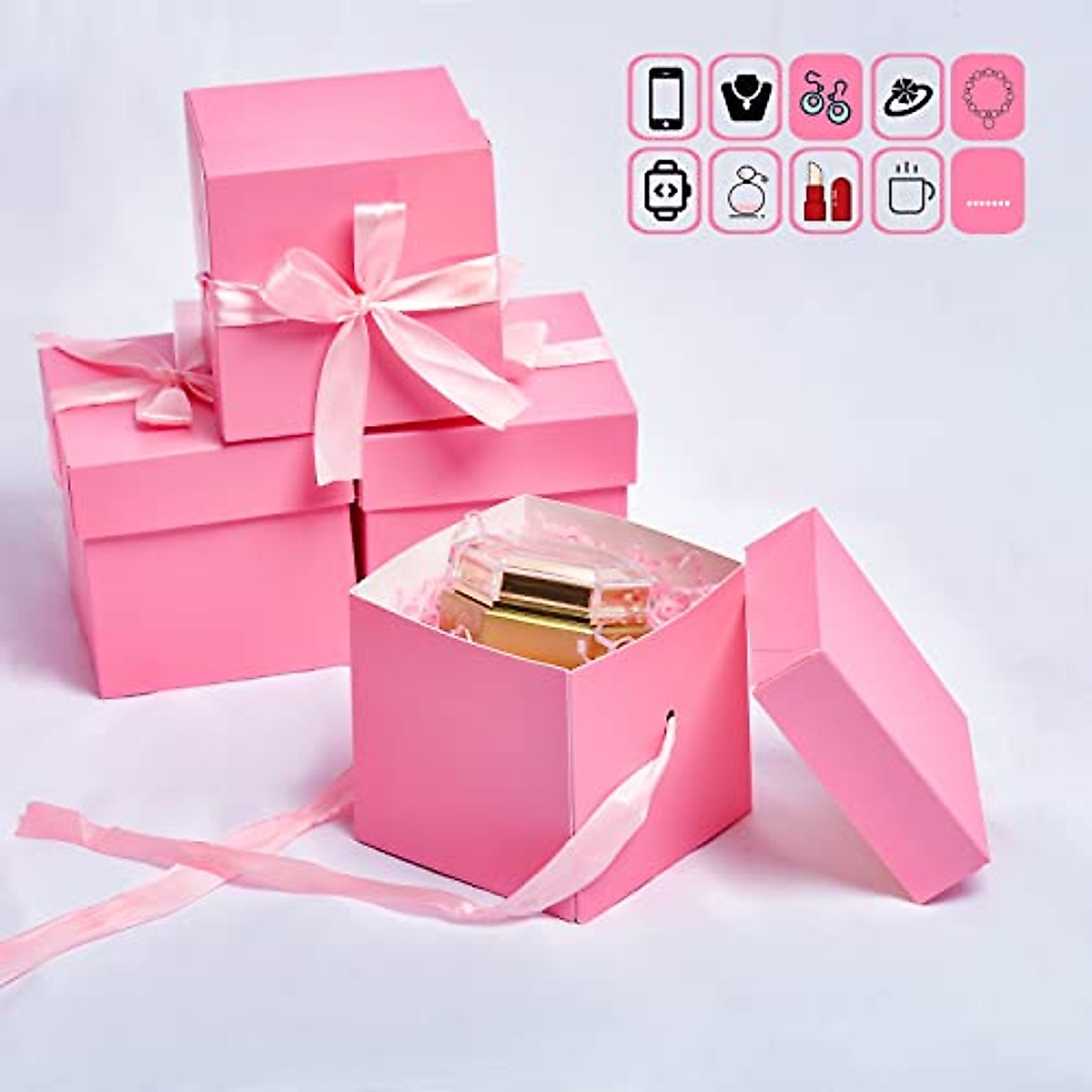 GP SUP 12 Pcs Squared Boxes with Lids,Pink Kraft Gift Boxes for Birthdays Christmas,Mother's Day (Pink, 4”×4”×4”)