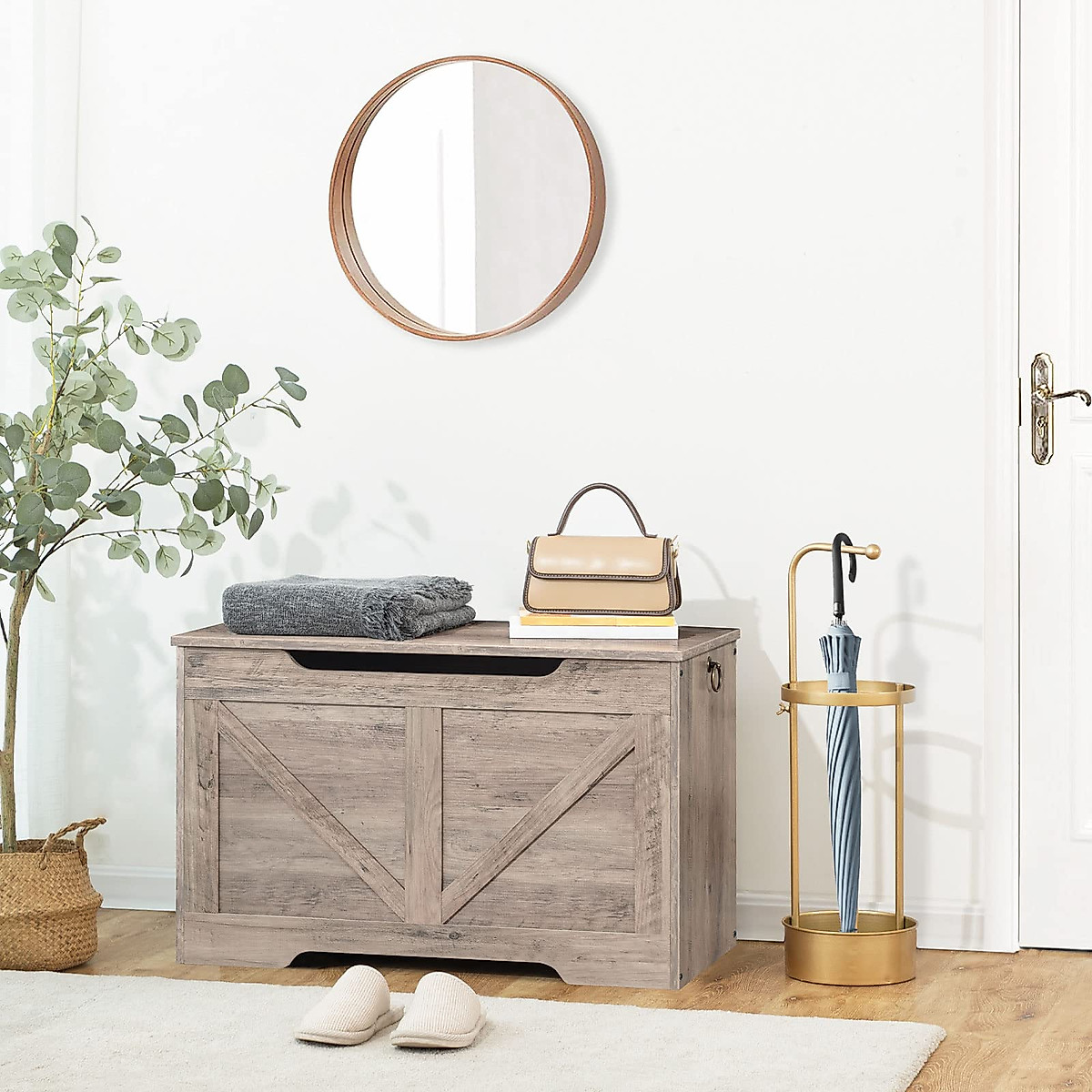 HOOBRO Storage Bench, 29.5” Retro Wooden Storage Chest with U-Shaped Cut-Out Pull, Safety Hinge, Supports 220 lb and Easy Assembly for Toy Box Organizer (Greige) BG77CW01