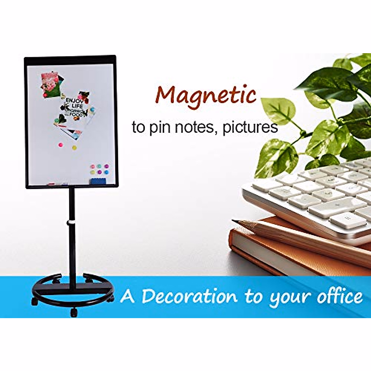 DexBoard Magnetic Mobile Whiteboard/Height Adjustable Dry Erase Board Easel on Rolling Stand, 40 X 28 Inch, w/ Flipchart Easel Pad, Magnets & Eraser, Black