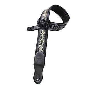 Walker and Williams KB-02-BLK Handmade Distressed Black Carving Leather Padded Guitar Strap With Floral Skull & Christian Cross For Acoustic, Electric And Bass Guitars