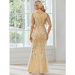 Ever-Pretty Women's Bridesmaid Dress V Neck Short Sleeve Sparkly Embroidery Formal Dress Gold US4